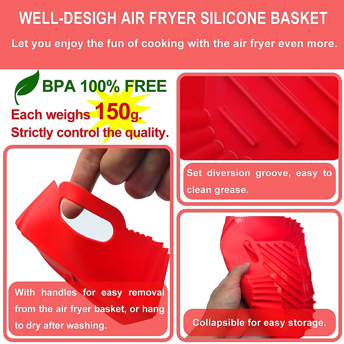 QURAR 2 Pack Air Fryer Silicone Liners | Top 8in, Bottom 7in | Silicone Liners Pot for 4 to 7 QT, Reusable Square Food Safe Silicone Basket Replacement of Flammable Parchment Paper, (Red & Pink)