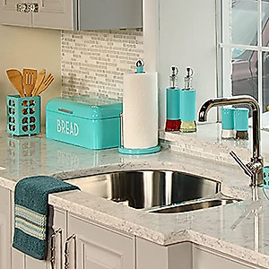 Steel Paper Towel Holder by Home Basics (Turquoise), Standing Paper Towel Roll Holder for Kitchen | Bathroom with Weighted Base and Tear Arm For Easy Operation | Countertop Paper Towels Holder