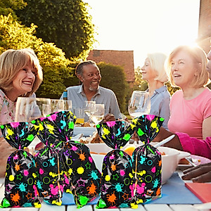 Epakh 100 Pack Neon Candy Bags Goodie Bags Plastic Colorful Treat Bags Glow in the Dark Party Supplies Favor Bags Neon Gift Wrap Bags with Silver Twist Ties for Glow Birthday Party Decor