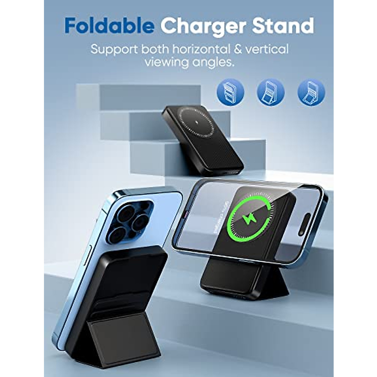 Magnetic Portable Charger - 5000mAh Mag-Safe Battery Pack with Foldable Stand, Mini Mag-Safe Power Bank, 20W USB-C Battery Pack for iPhone 12/13/14 Series, Wireless Charger for Outdoor Travel - Black