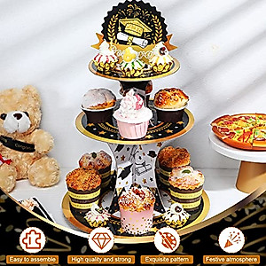 Treela 3 Pieces Graduation Cupcake Stands 3 Tier Round Cardboard Cupcake Stand 2023 Black and Gold Grad Decorations Theme Dessert Stand Holder for Graduation Party Supplies Favors
