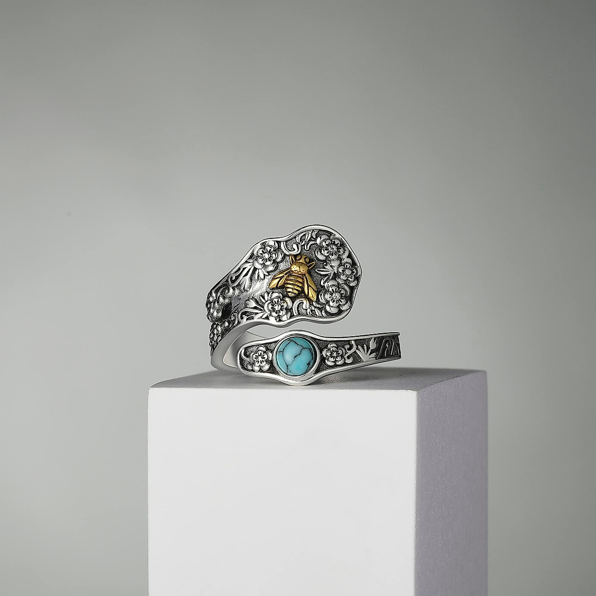 HUKKUN Spoon Ring Sterling Silver Chunky Gold Bee Rings for Women Adjustable Turquoise Ring