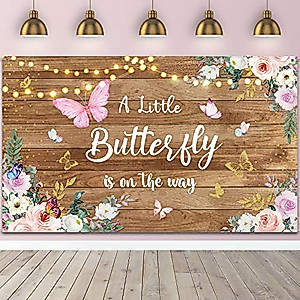 Butterfly Backdrop A Little Butterfly is On The Way Baby Shower Banner Butterfly Rustic Wood Purple and Pink Floral Photography Background for Girls Birthday Baby Shower Party Decoration Supplies