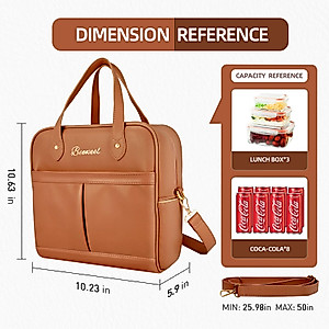 BEEWEEL Lunch Bag for Wome,PU Leather Lunch Tote Bag with Adjustable Shoulder Strap, Large Capacity, Insulated Lunch Bags for Work, Picnic, Camping -Brown