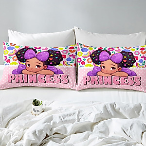 Black Girls Fitted Sheet Twin Size,Princess Girl Pink Diamond Glitter Pattern Bedding Set,Cute African Style Americans Bed Sheet Kids Teens Cartoon Colorful Flower Deep Pocket Sheet,1 Pillowcase