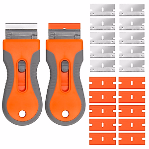 2 PCS Razor Blade Scraper, Glass Scraper Scraping Tool with 20PCS Steel & Plastic Extra Blades for Removing Stickers, Papers, Food Residue, Paint, Glue from Oven, Window (Orange)