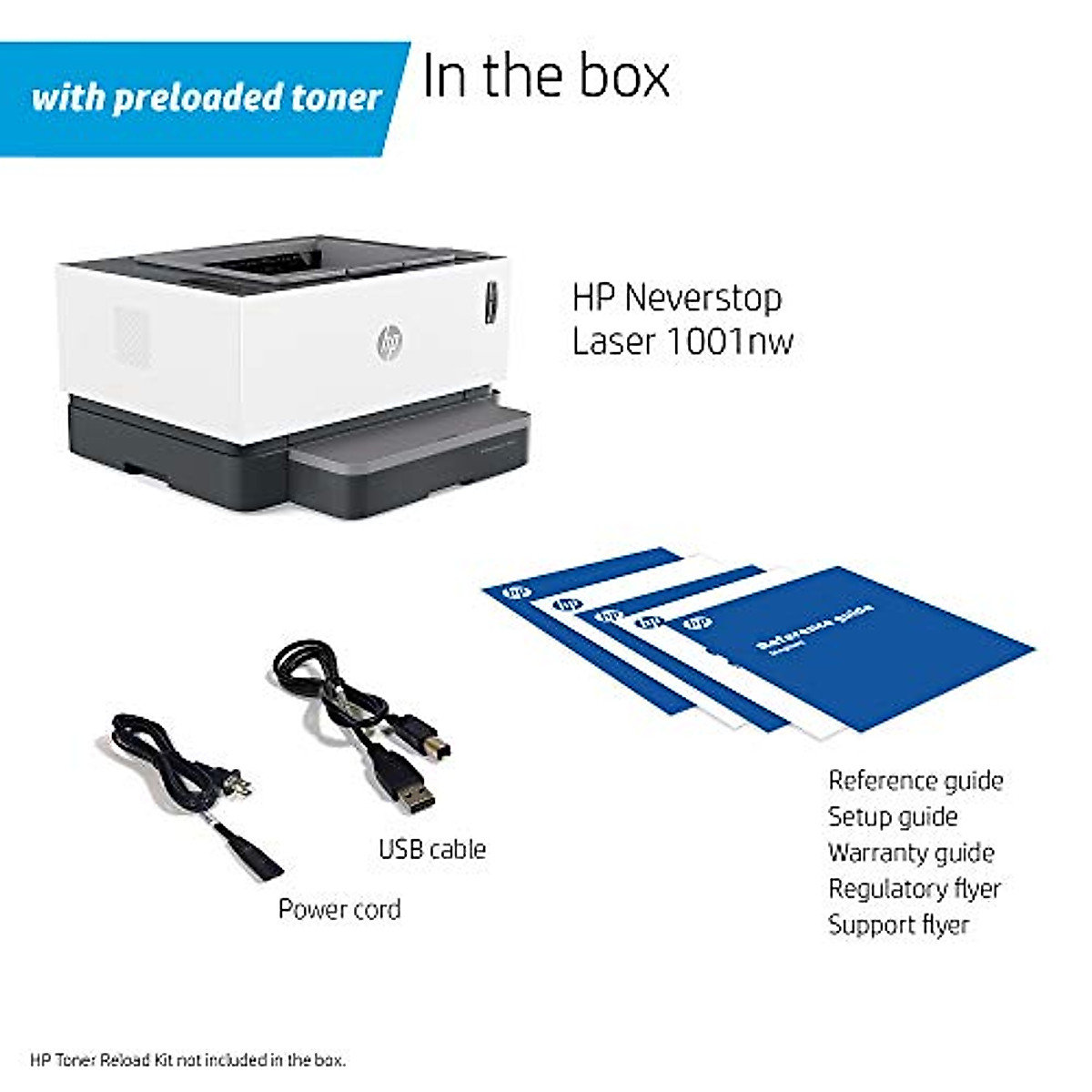 HP Neverstop Laser 1001nw Wireless Monochrome Printer with built-in Ethernet & cartridge-free toner tank, comes with up to 5,000 pages of toner in the box (5HG80A)