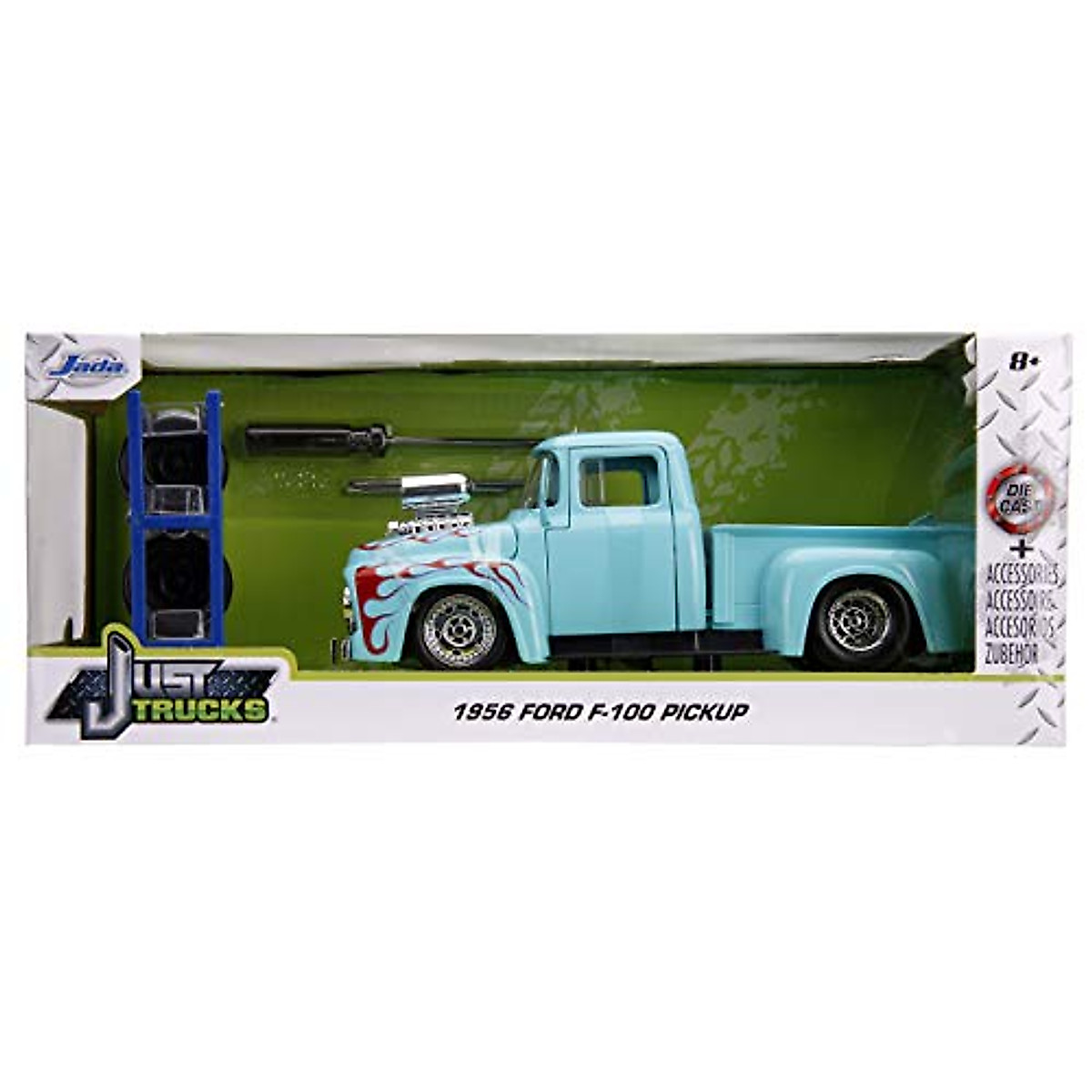 Jada Toys Just Trucks 1:24 1956 Ford F-100 with Rack Die-cast Car Blue/Red Flames, Toys for Kids and Adults