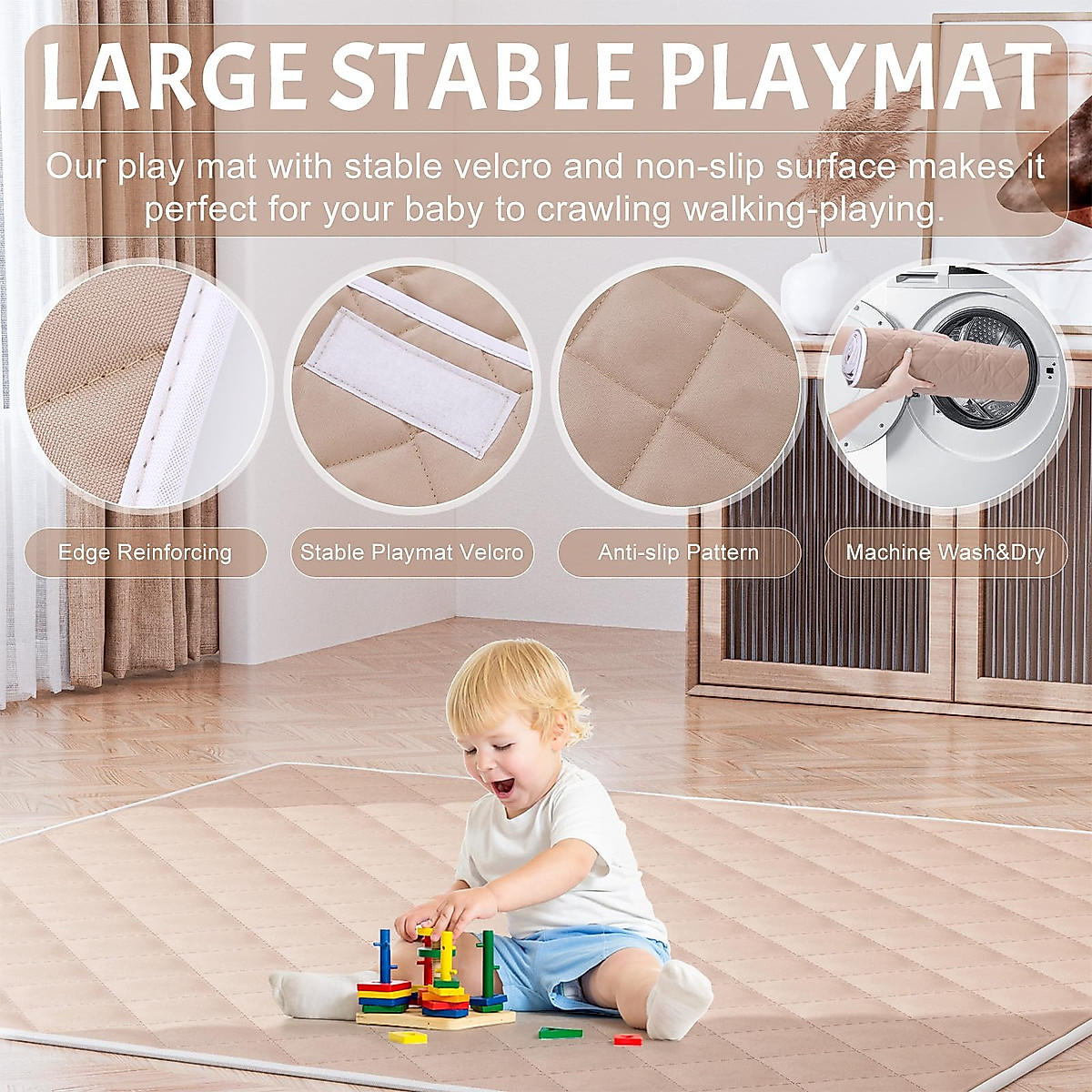 Omzer Baby Playpen with Mat 50x50inch: Large Playpen for Babies and Toddlers Indoor Safety Play Pen with Soft Breathable Mesh - All-Wrapped Sponge Sturdy Play Yard with Stable Mat Magic Sticker Beige