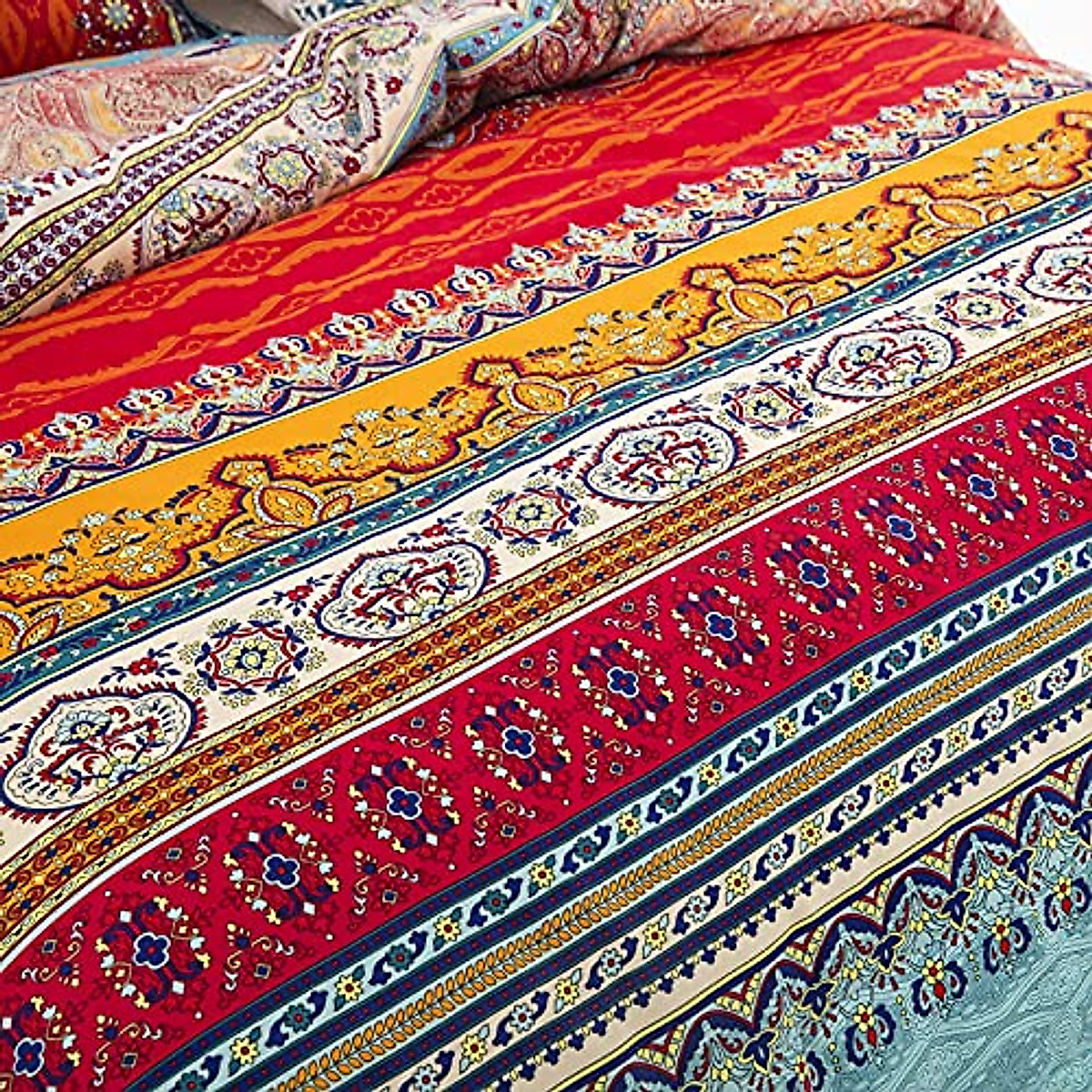 WONGS BEDDING Bohemian Quilt Set and Comforter Set Queen, Boho Striped Pattern Printed Quilt Coverlet for All Season, Soft Microfiber Boho Bedspread Set 90"x96"(3 Pieces, Queen)
