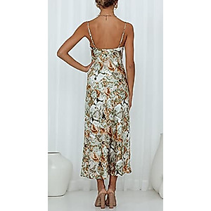 Cantonwalker Women's Satin Spaghetti Straps Cowl Neck Sexy V-Back Cross Slip Cocktail Formal Midi Dress 0238 (S, Green Floral)