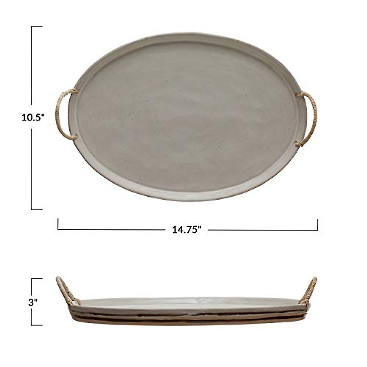 Creative Co-Op Stoneware Platter with Rattan Wrapped Handles, Reactive Glaze, White & Brown (Each One Will Vary) Tray