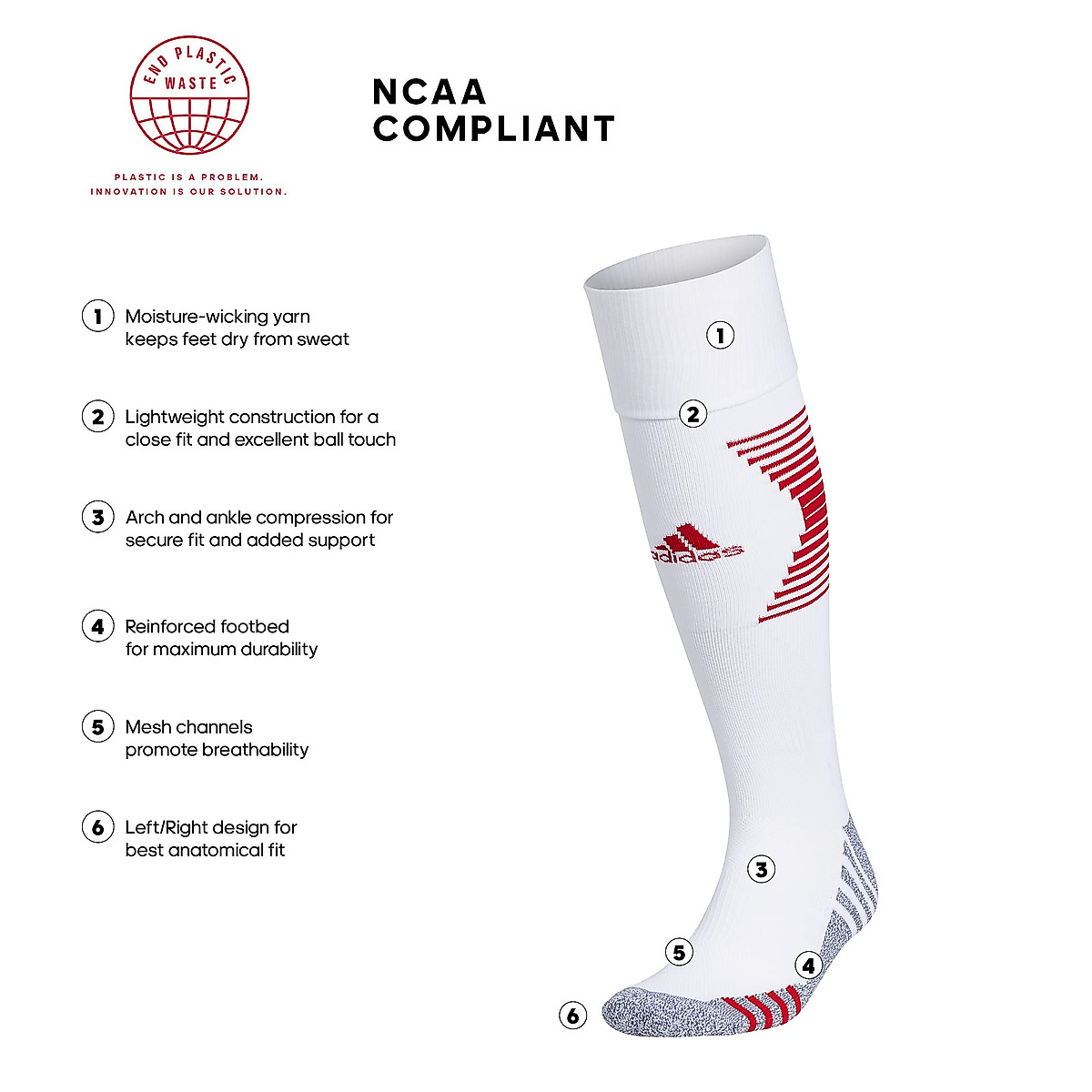 adidas Speed 3 Soccer Socks (1 Pair), White/Team Power Red, Large