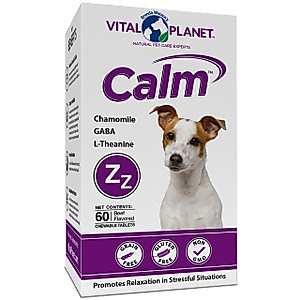 Vital Planet - Calm Chewable Tablets for Dogs, Promotes Calmness in Stressful Situations with Valerian, Lemon Balm, Chamomile, GABA, L-Theanine and Natural Herbs - 60 Beef Flavored Chewable Tablets