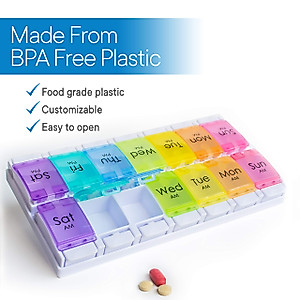 RMS Weekly and Daily Pill Organizer - 7 Day Pill Planner, Dispenser Case for Medication, Vitamin Supplements with Easy Press Open Design and Large Capacity (Twice Per Day)
