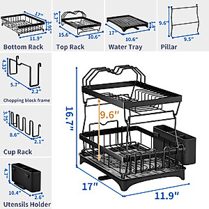 Dish Drying Rack, Detachable 2 Tier Dish Racks for Kitchen Counter with Pot Rack, Large Capacity Dish Drainer with Drainboard Organizer Shelf with Utensil Holder, Cup Rack, Cutting Board Holder, Black
