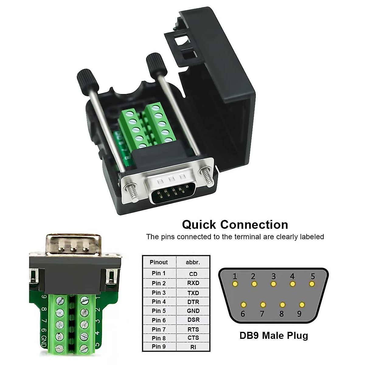 DTech DB9 Breakout Connector, Male RS232 Serial Adapter, Solderless Module Board with Screw Terminals, Case, Long Bolts, Tail Pipes