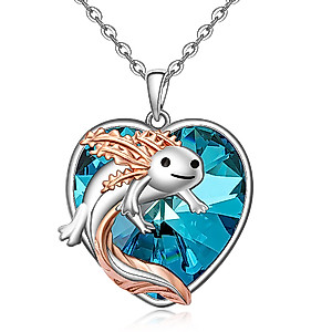 Axolotl Necklace for Women Sterling Silver Blue Heart Crystal Cute Mexican Axolotl Jewelry Charm Animal Necklace Pendant Christmas Gifts