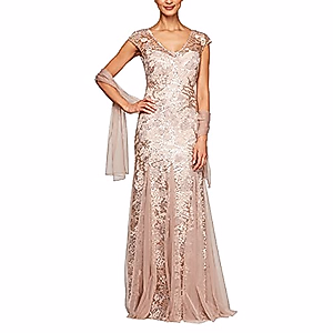 Alex Evenings Women's Long V Neck Fit and Flare Dress with Shawl (Petite Regular), Rose Gold, 8P