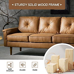 72'' 3-Seater Deep Seat Sofa Couch, Mid-Century Modern Couch, Brown Faux Leather Small Couch for Apartment, Living Room, Bedroom(Light Brown)