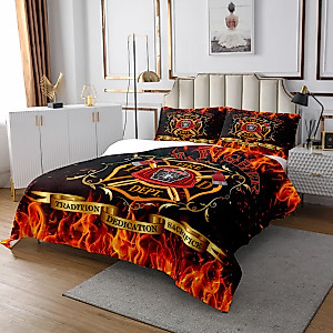 3 Piece Firefighter Theme Quilt Bedding Set Women Aldult Lightweight Bedding Burning Flame Bedspread Set Fireman Sign Bedspread Coverlet Soft Microfiber Home Quilt Set for King Bed All Season
