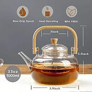 Wlasss Glass Tea Kettle with Removable Infuser,Stovetop Safe, Glass Teapot 1000 ml 33 oz, Tea Pot with Infusers for Loose Tea, Gift for Women and Adult
