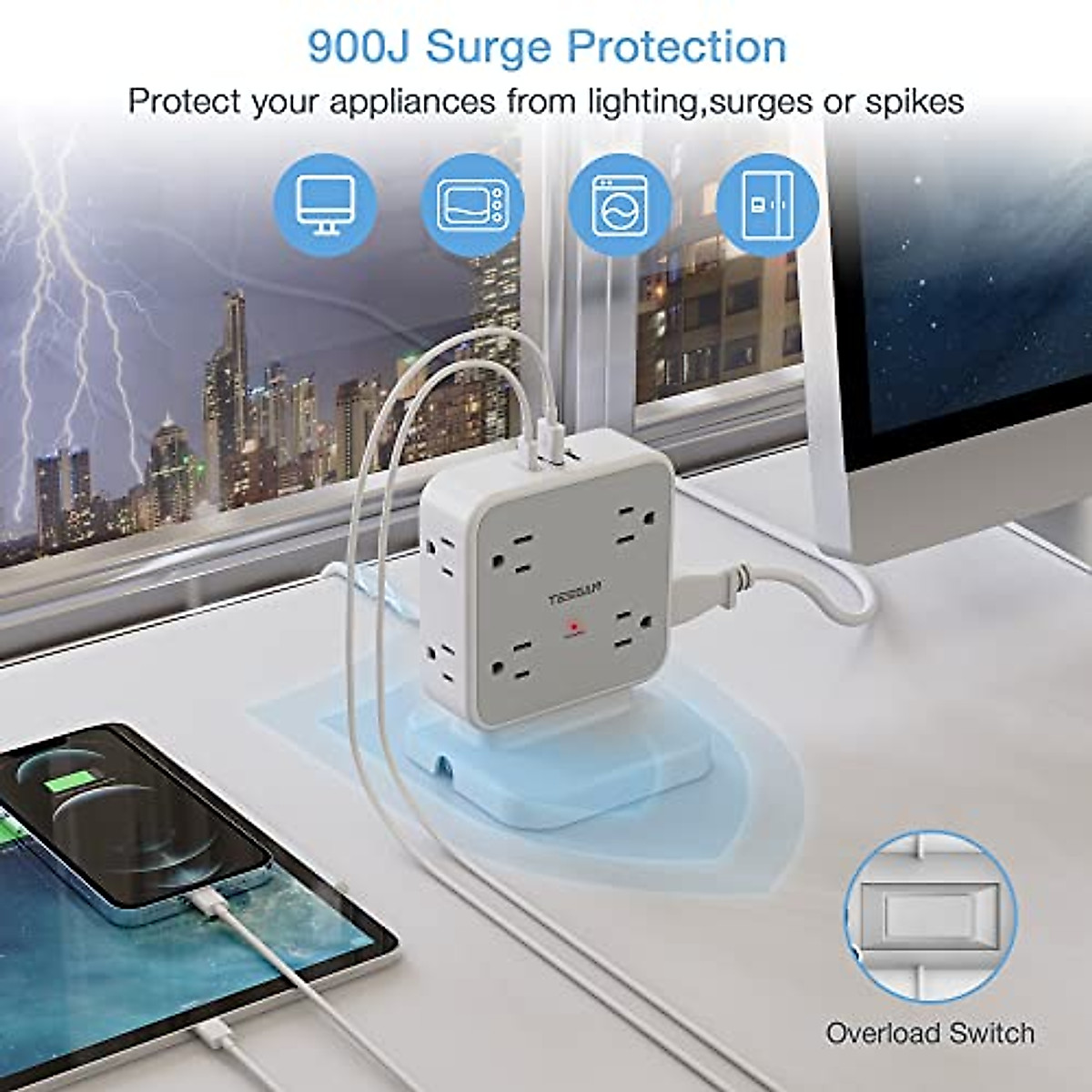 Power Strip Tower Surge Protector, TESSAN 8 AC Outlets with 3 USB (1 USB C Port), 5 FT Flat Plug Extension Cord with 900 Joules Protection, Desk Charging Station for Home Office Supplies, Dorm Room
