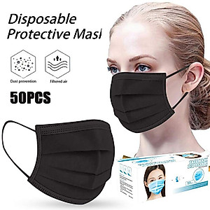 50 Pcs Disposable_Face with Elastic Earloop 3-ply Face Mouth Hygiene Protection Pads with Box, High Filtration and Ventilation Security (Black)