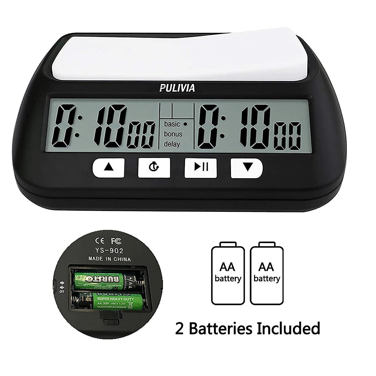 Digital Chess Clock Timer with Count Step, PULIVIA Chess Timer with Alarm, 3-in-1 Multifunction Portable Chess Clock, 2 AA Battery Included, Black