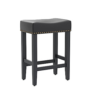 Furnimart 26” Bar Stools Set of 2 Leather Saddle Stool Counter Height Bar stools with Rivet Trim Cushion Seat Wood Counter Stools for Kitchen and Bar (PU-Black)