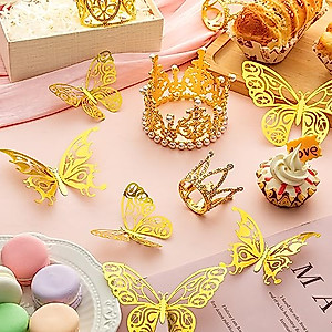 30 Pcs Gold Butterfly Cake Decoration with 6 Pcs Gold Crown Cake Topper, Mini Crowns Small Crown with 3D Butterfly Wall Decors for Coronas Para Flower Bouquets Decor for Flower Arrangements