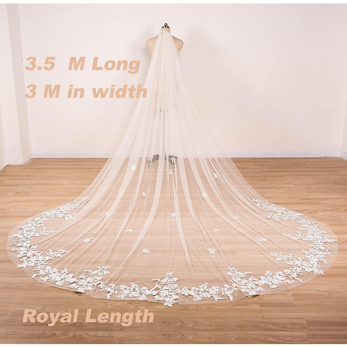 ELAWBTY 1 Tier Floral Lace Wedding Bridal Veil For Bride 3M Ivory Cathedral Length