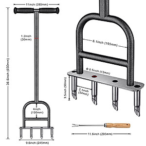 Dolibest Lawn Coring Aerator, Stainless Steel 4 Corer Plug Aerator Tool with Soft Rubber Grip, Manual Grass Aerating Tool, Garden Tool & Cleaning Hand Tool for Loosening Soil and Improving Lawn Health