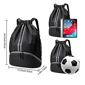 Valleycomfy Sports Drawstring Backpack - Water Resistant String Bag with Side Mesh Pockets Shoe Compartment Gym Backpack for Women & Men Black