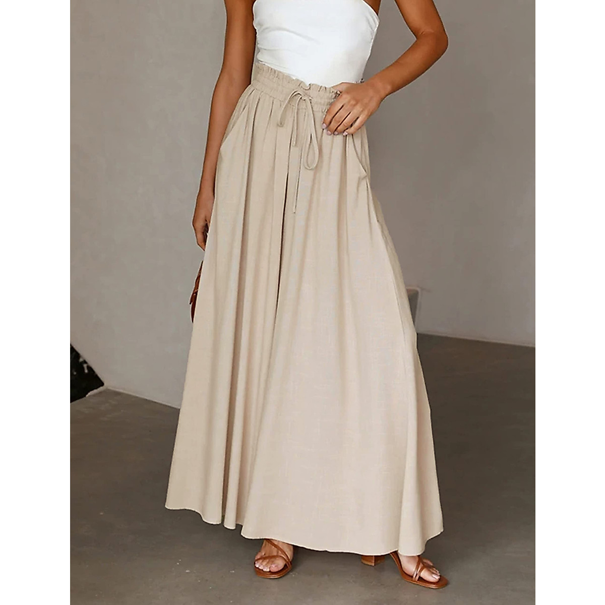 HangNiFang Wide Leg Pants for Women High Waist Workout Palazzo Yoga Pants with Pockets(0630-Apricot-M)