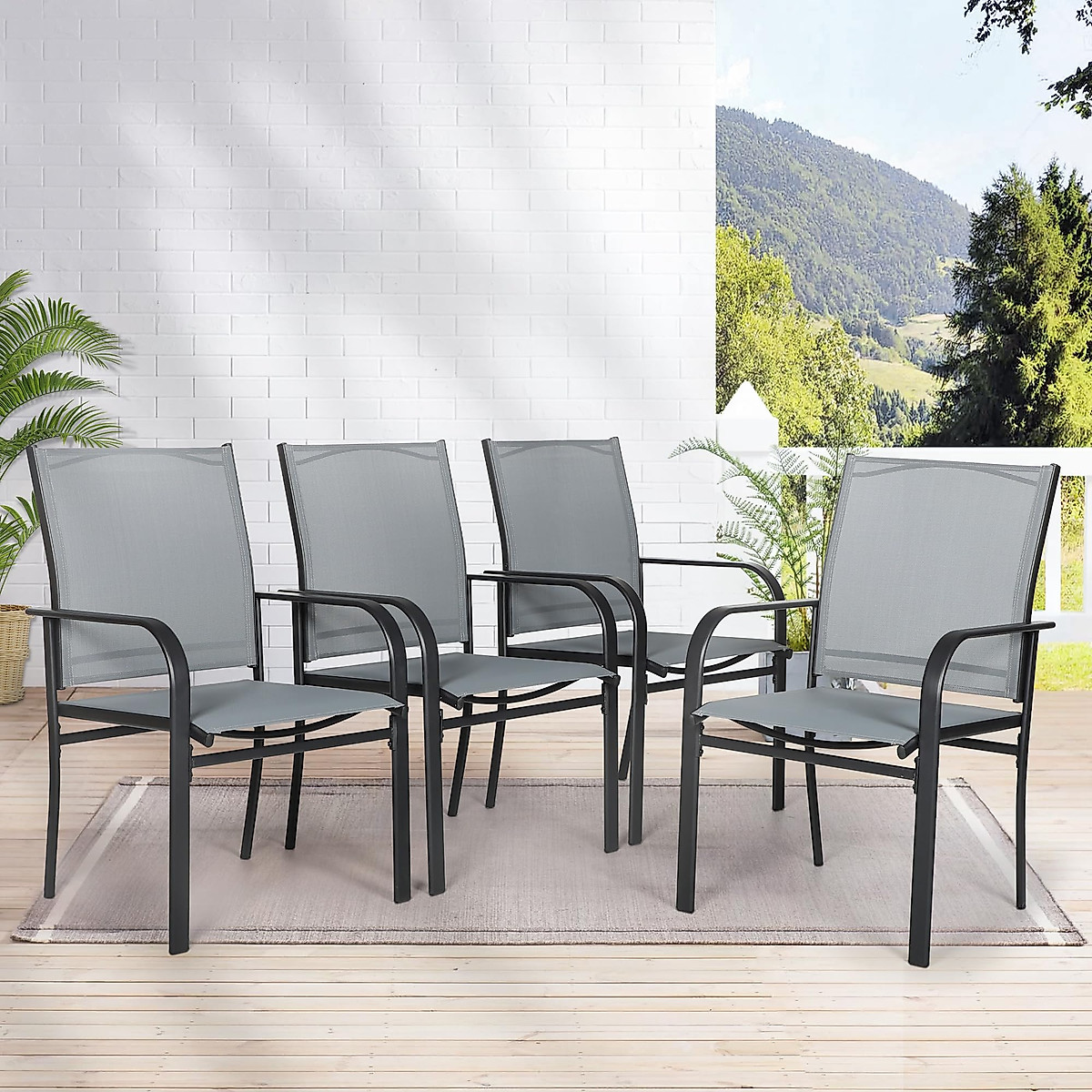 Crownland Outdoor Wrought Iron Dining Chairs Set of 6, Patio Textilene Dining Chair with High Backrest, Metal Frame Furniture Chairs with Armrests for Yard, Deck, Backyard, Lawn, Poolside (Grey)