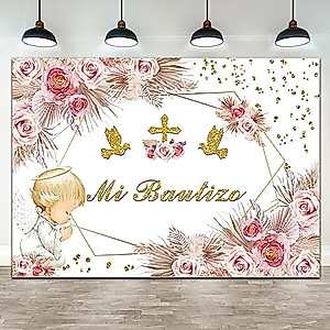 7x5ft Mi Bautizo Backdrop for Girl Baptism Gold Bless Background Boho Pink Flower Golden Dots Photography Baby Shower Banner Party Decorations Floral Newborn Photo Booth Props Supplies