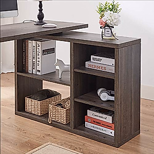 HSH L Shaped Computer Desk, Rustic Wood Corner Desk, Industrial Writing Workstation Table with Cabinet Drawer Storage for Home Office Study, Grey 55 inch