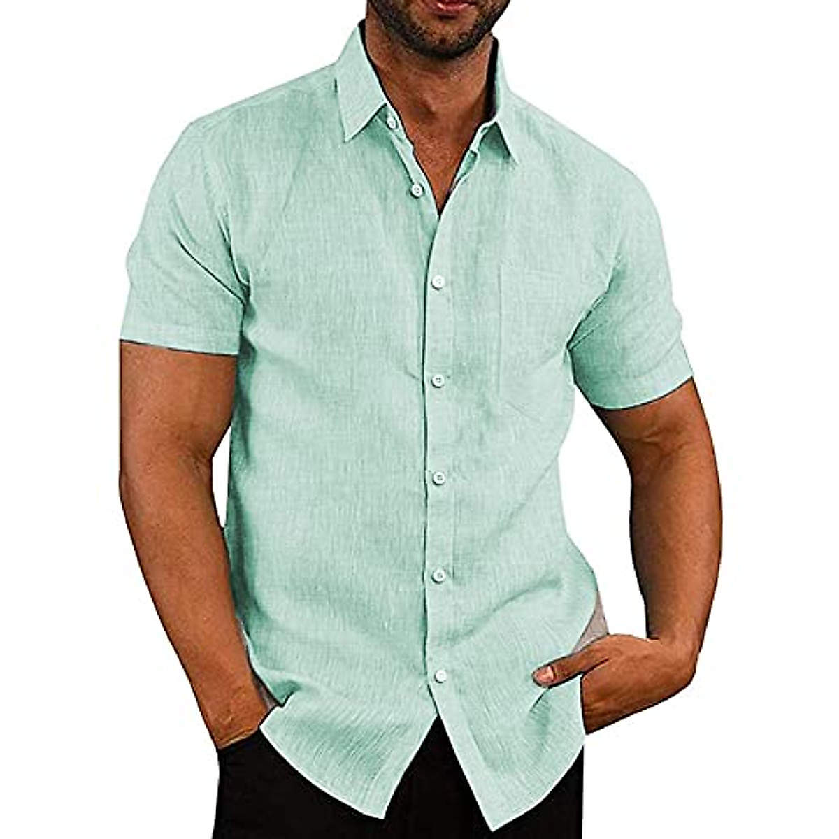 COOFANDY Mens Shirt Casual Button Down Chambray Plain Dress, Linen - Light Green, Large, Short Sleeve
