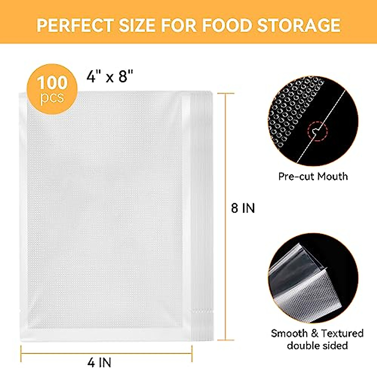 Hydsto 100 Pcs 3.9" x 7.8" Vacuum Sealer Bags with BPA Free and Puncture Prevention, Vacuum Sealer Bags for Food, Sous Vide Vacuum Sealer PreCut Bags