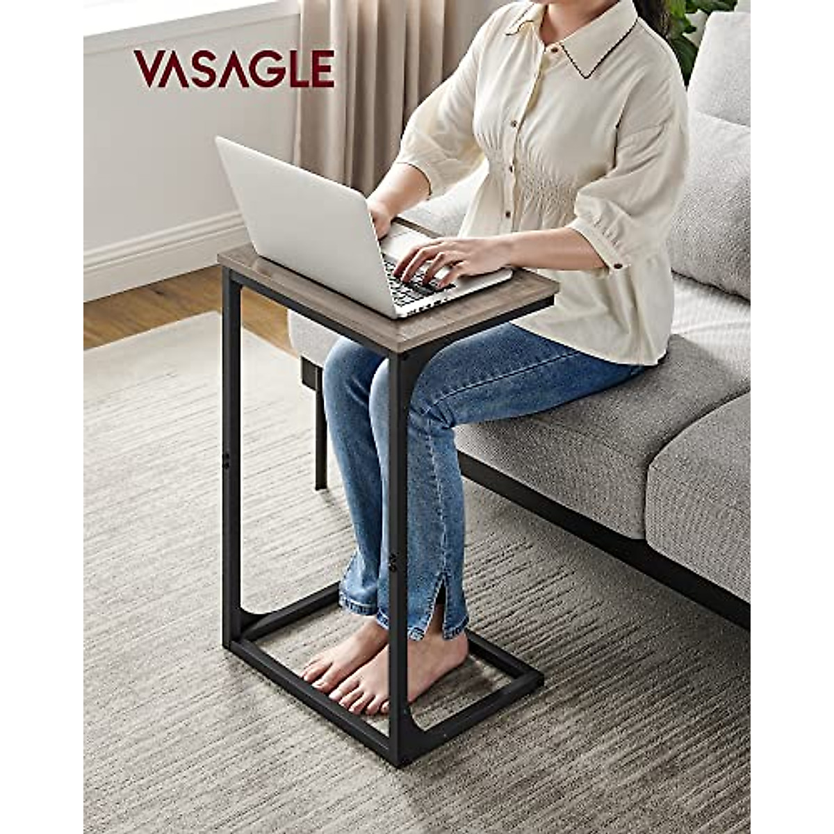 VASAGLE C-Shaped End Table, Side Table for Sofa, Couch Table with Metal Frame, Small TV Tray Table for Living Room, Bedroom, Greige and Black