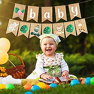 2Pcs Floral Safari Animals Baby Shower Burlap Banner Decoration, Wall Hanging Floral Wild Animals Banner Decor Lion, Giraffe, Elephant, Hippo Animal Pattern With Rope Hanging Banner Sign Decor Theme Party Indoor Decorations