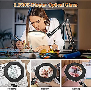 Magnifying Glass with Light and Stand, 3 Color Modes Stepless Dimmable, 5-Diopter Glass Lens, Adjustable Swivel Arm, LED Magnifier Desk Lamp for Close Work, Repair, Crafts, Painting Miniatures (16")