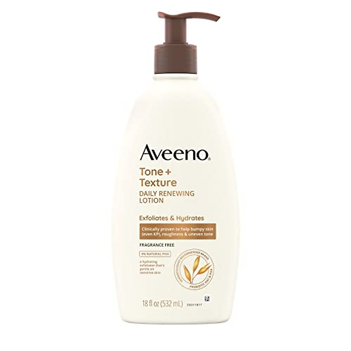 Aveeno Tone + Texture Daily Renewing Body Lotion With Prebiotic Oat, Gently Exfoliates & Hydrates Sensitive Skin, Clinically Proven to Help Bumpy, Rough Skin, Fragrance-Free, 18 Fl. Oz