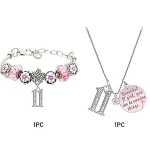 VeryMerryMakering 11th Birthday Gifts for Girls, Jewelry for Girls 11 Years Old, Girls 11th Birthday Bracelet, 11 Necklace Girls, 11th Birthday Jewelry, 11th Birthday Cherry Blossom Dandelion Jewelry