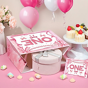 Pink Bow One Birthday Decoration for Girls Large Bow Pink One Baby Shower Bag Hot Pink Bow 1st Birthday Gift Bags with Wrapping Paper Card for Kids Gender Reveal Christmas Birthday Party Supplies