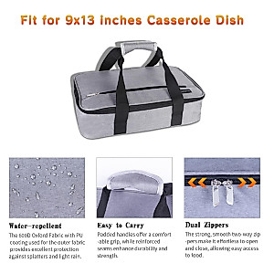 JLYOUNG Insulated Casserole Carrier, Food Carrier Bag for Hot or Cold Lasagna Holder Tote Casserole Carrier Bag for Potluck Parties, Picnic, Beach Fits 9 x 13 Baking Dish-Grey