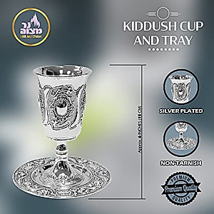 Ner Mitzvah Tall Kiddush Cup and Tray - Premium Quality Silver Plated Goblet With Stem - Shabbat and Havdalah Goblet - Judaica Shabbos and Holiday Gift