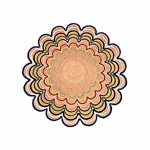 4x4, 5x5, 6x6,feet Natural Jute Scallop Round Rug, Floor Scalloped Edge Rug Braided Boho Eco Large Circular Handmade Area Rugs (Natural, 8x8 Ft Round Rug)