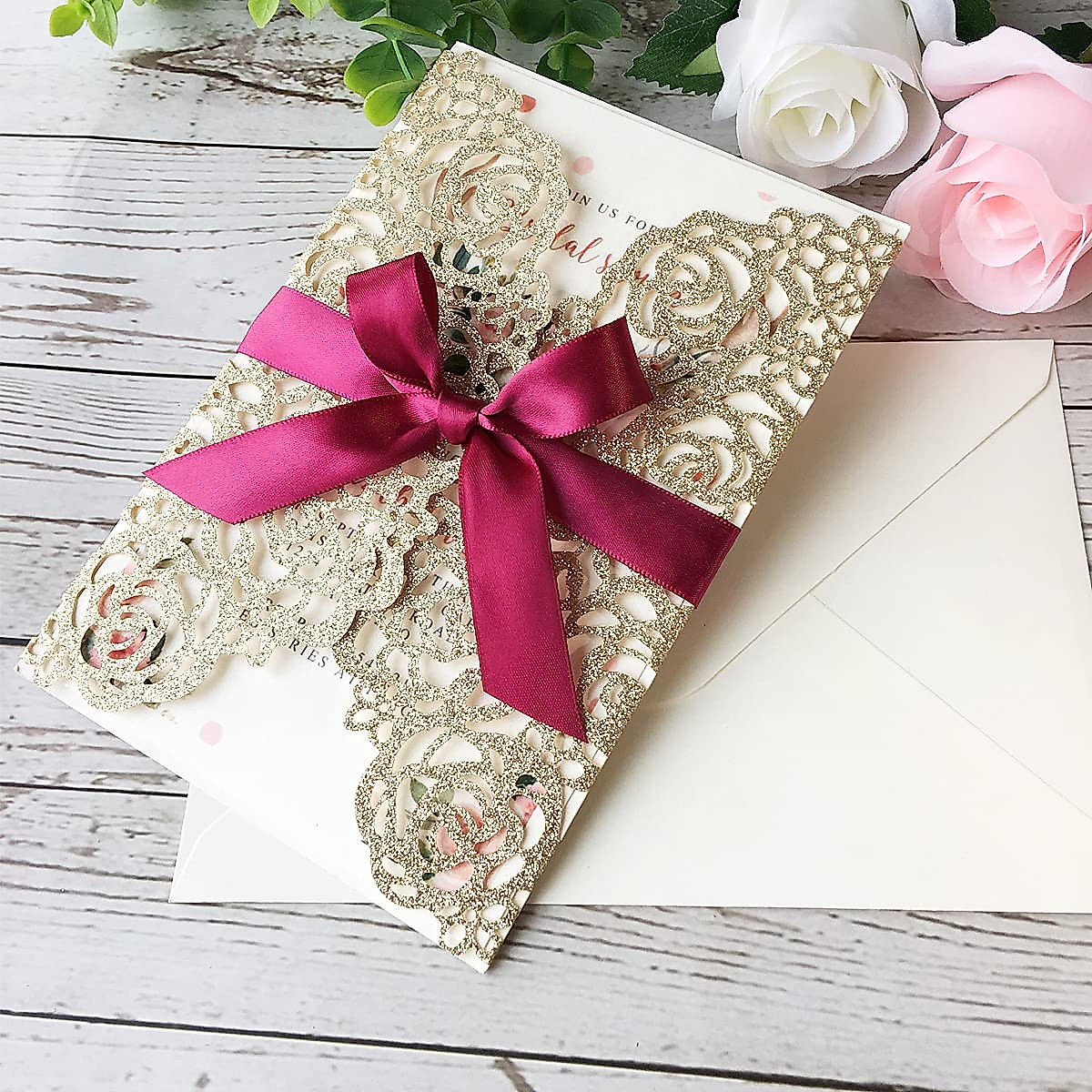 KUCHYNEE 50PCS 5.12 x 7.28'' Gold Wedding Invitations Cards with Burgundy Bowknot Laser Cut Hollow Rose Flowers Wedding Invitation for Bridal Shower Engagement Wedding Invite (Gold Glitter)